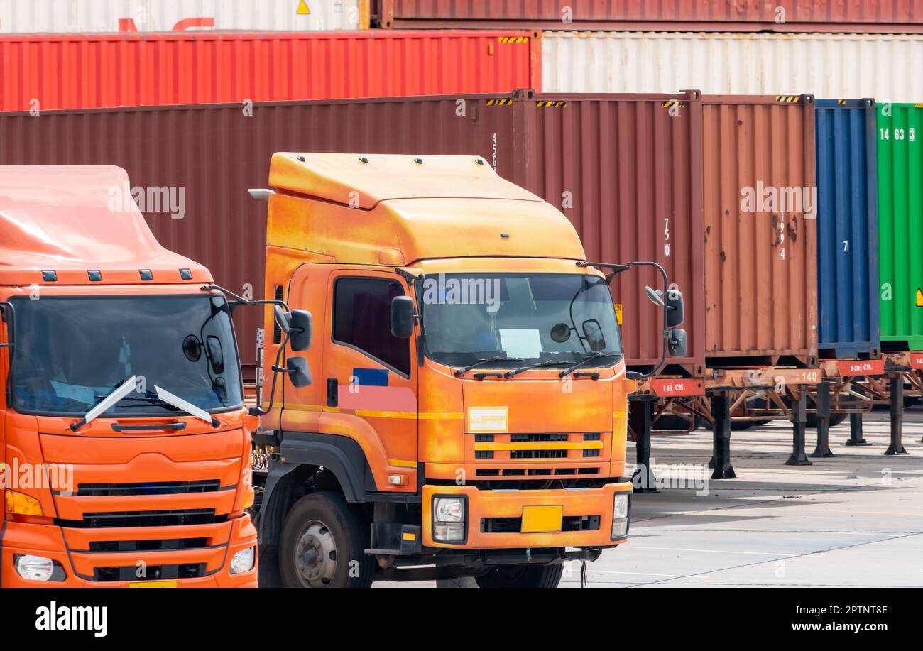 Trailer truck on blur logistic container background. Cargo and shipping ...