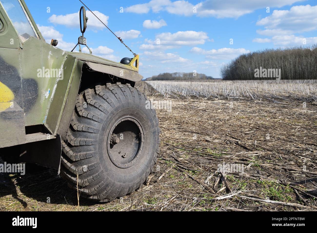 Close-up dirty wheels of All-terrain vehicle, off-road. Off-road ...