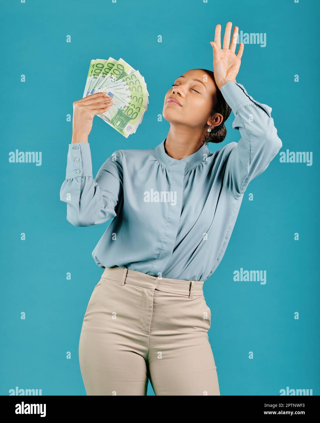 Woman showing off money, looking rich with cash prize and winning the ...