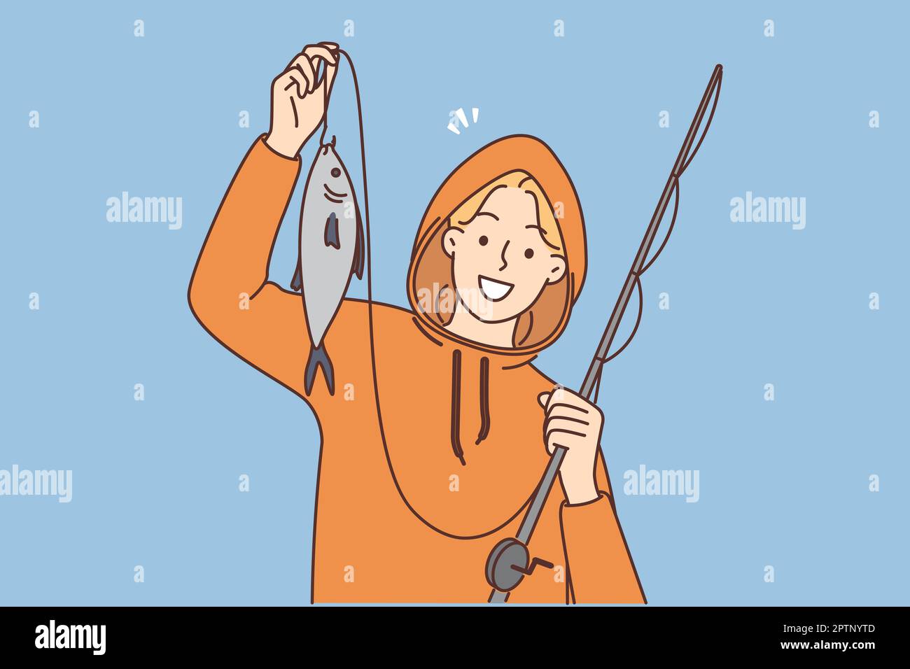 Smiling young man with rod in hands and fish excited with catch. Happy ...