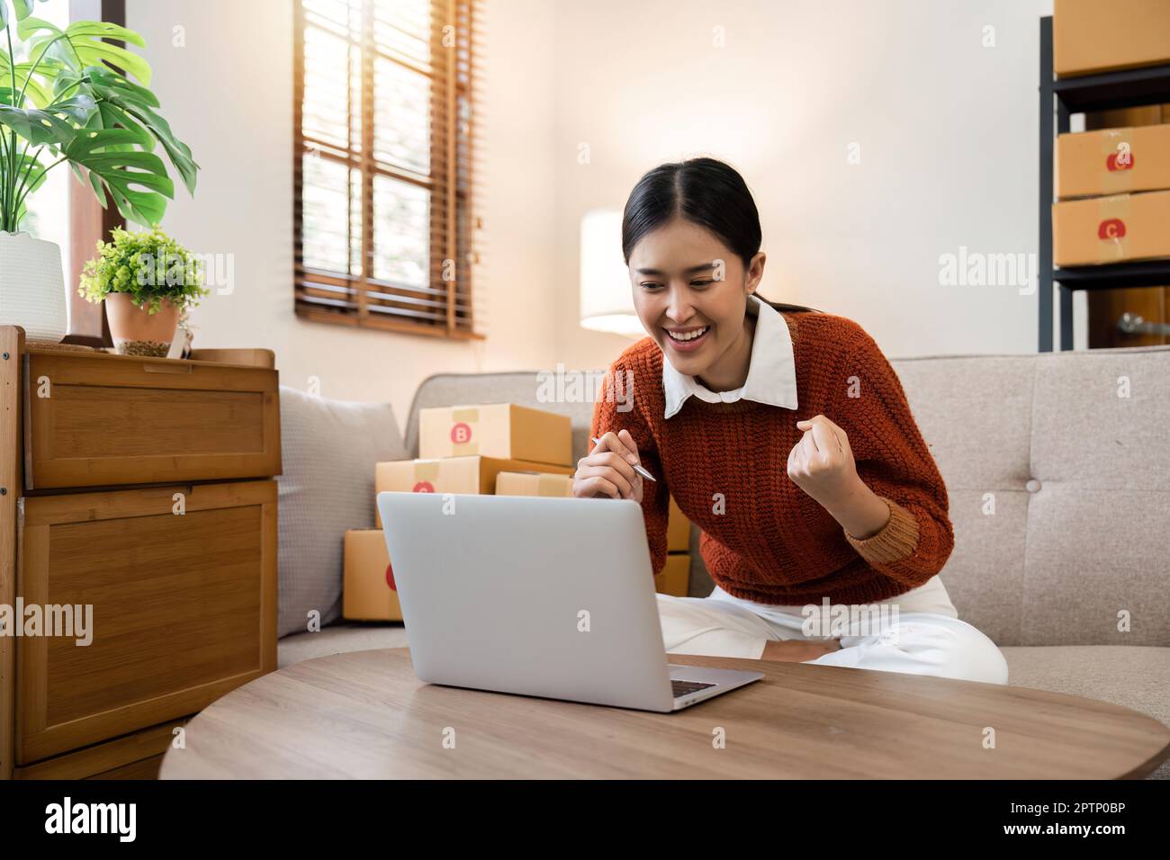 Happy successful small business owner celebrating her highest sales ...