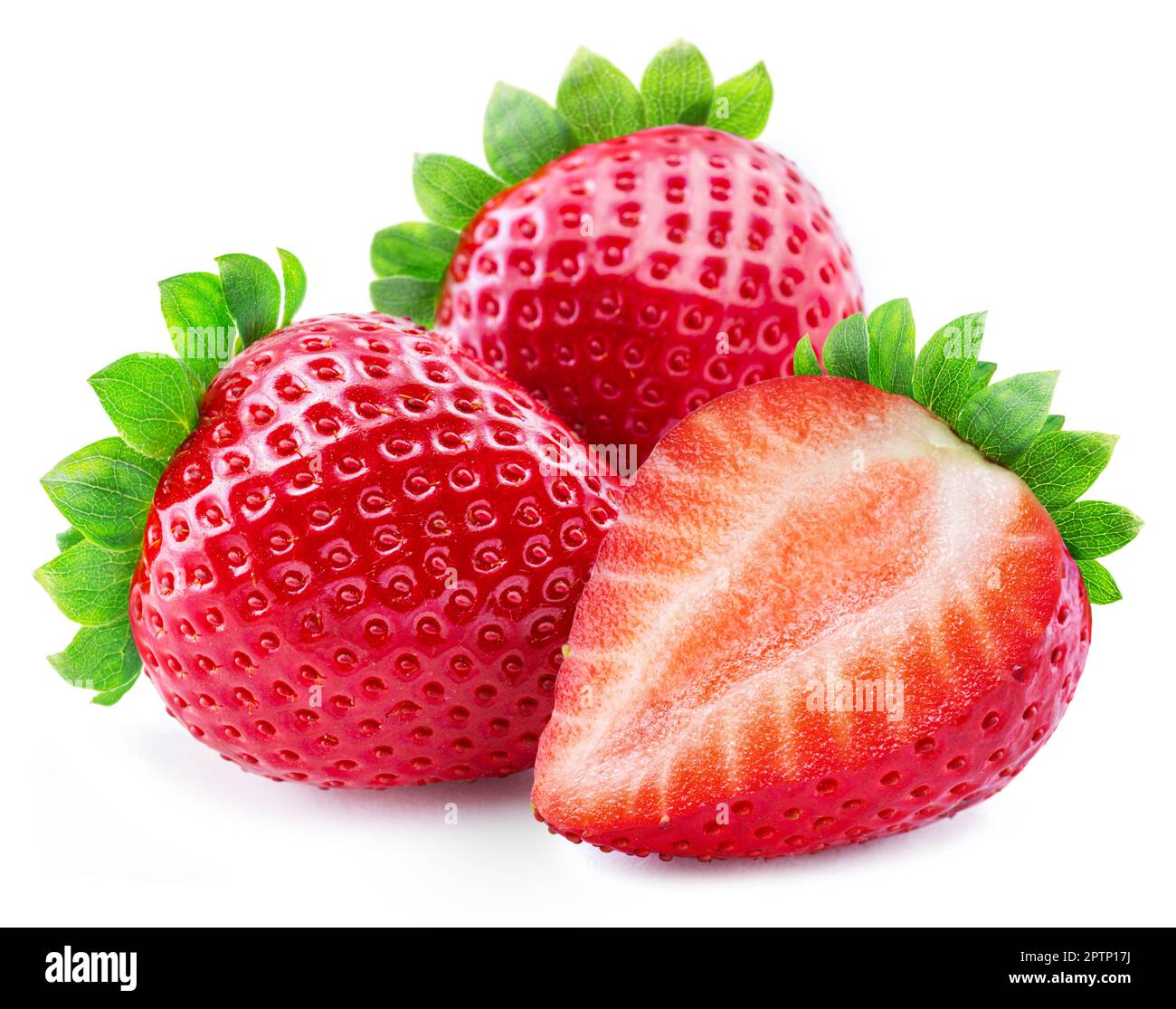 Ripe perfect strawberries and cross cut of strawberry isolated on white ...