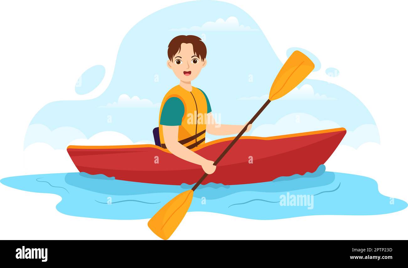 People Enjoying Rowing Illustration with Canoe and Sailing on River or ...