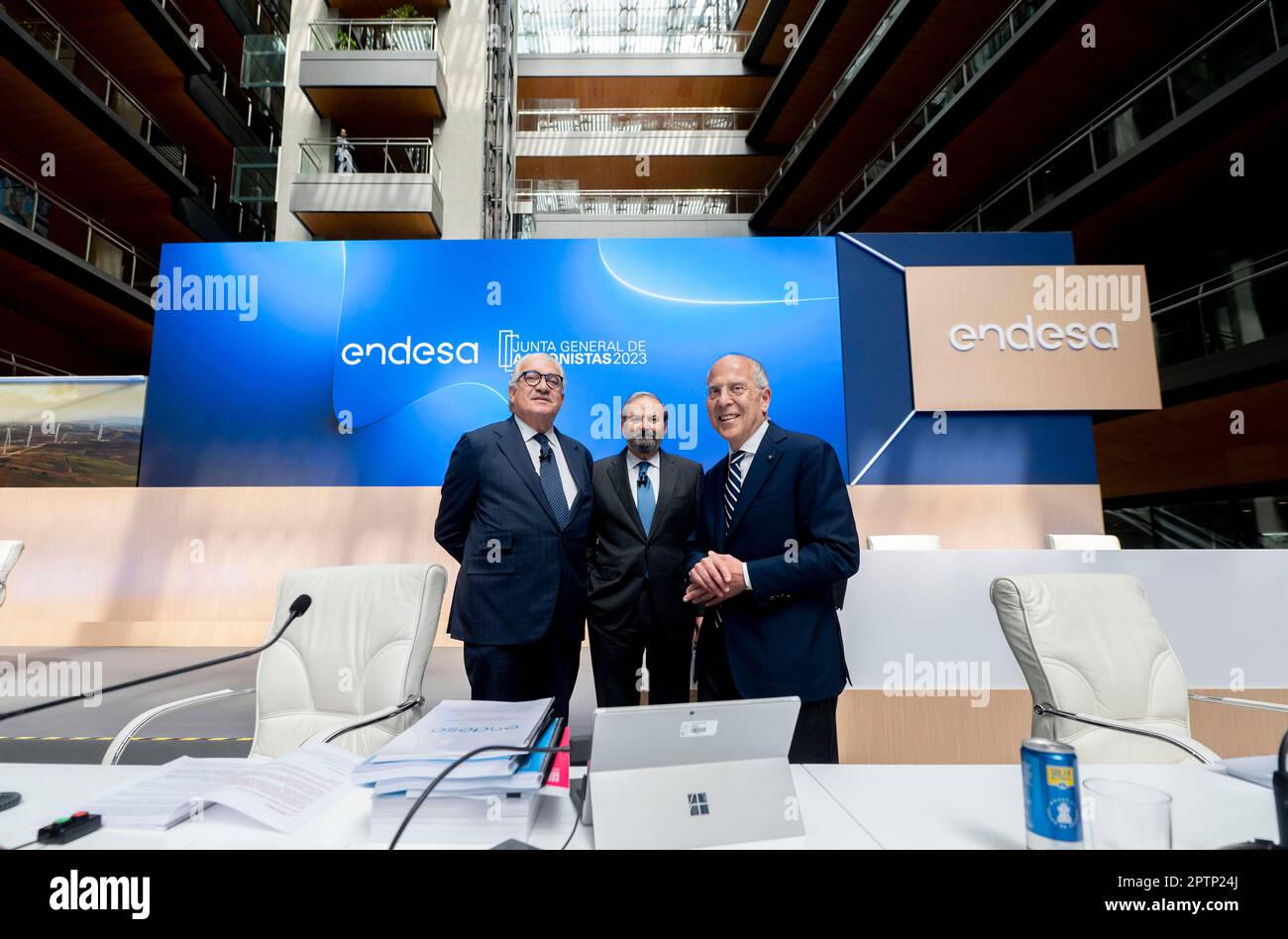 Endesa's CEO, José Damián Bogas, Endesa's Chairman, Juan Sánchez-Calero, and Enel's CEO ...