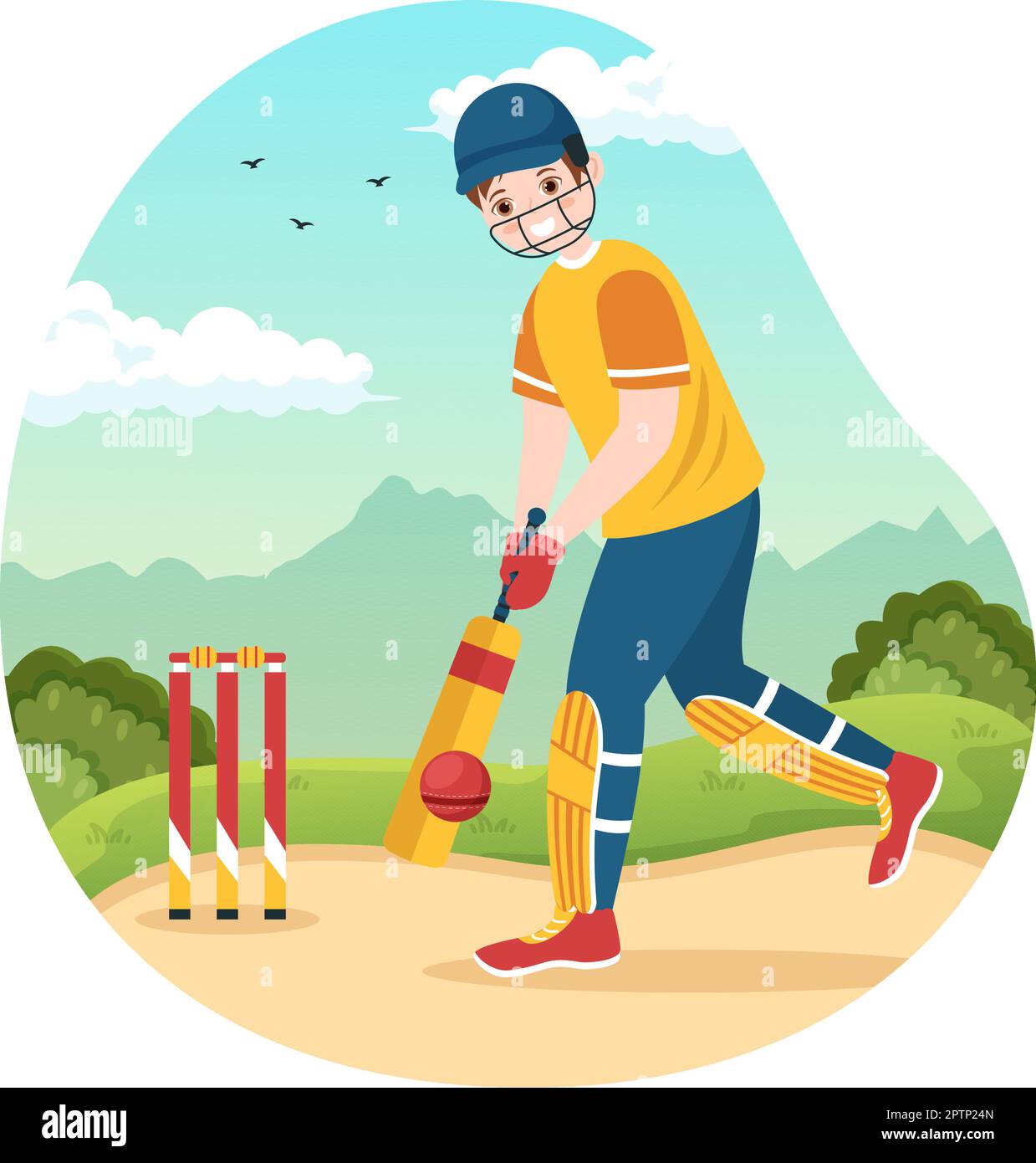 Batsman Playing Cricket Sport Illustration with Bat and Balls in the Field for Championship in ...