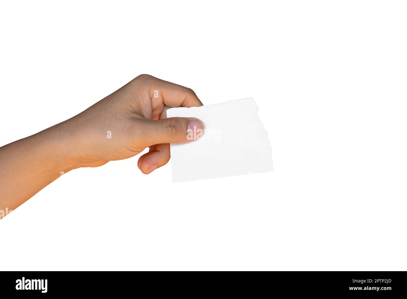 Hand holding ripped torn paper isolated on white background with ...
