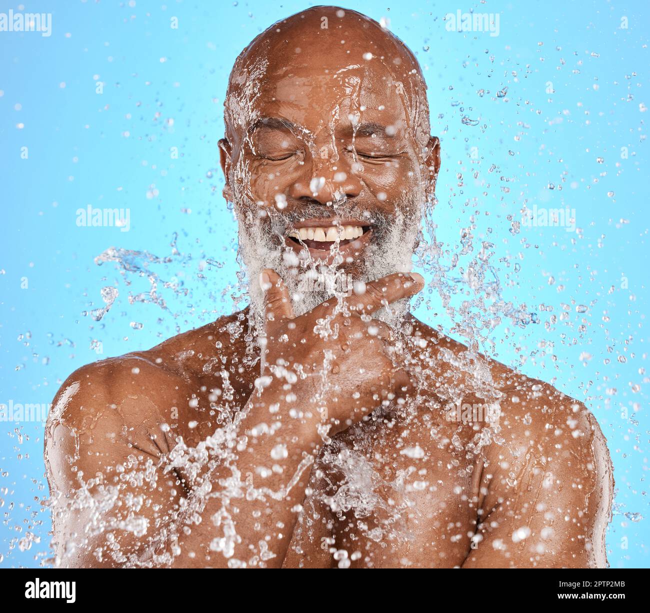 Senior man cleaning body with water for retirement self care, morning bathroom routine or ...