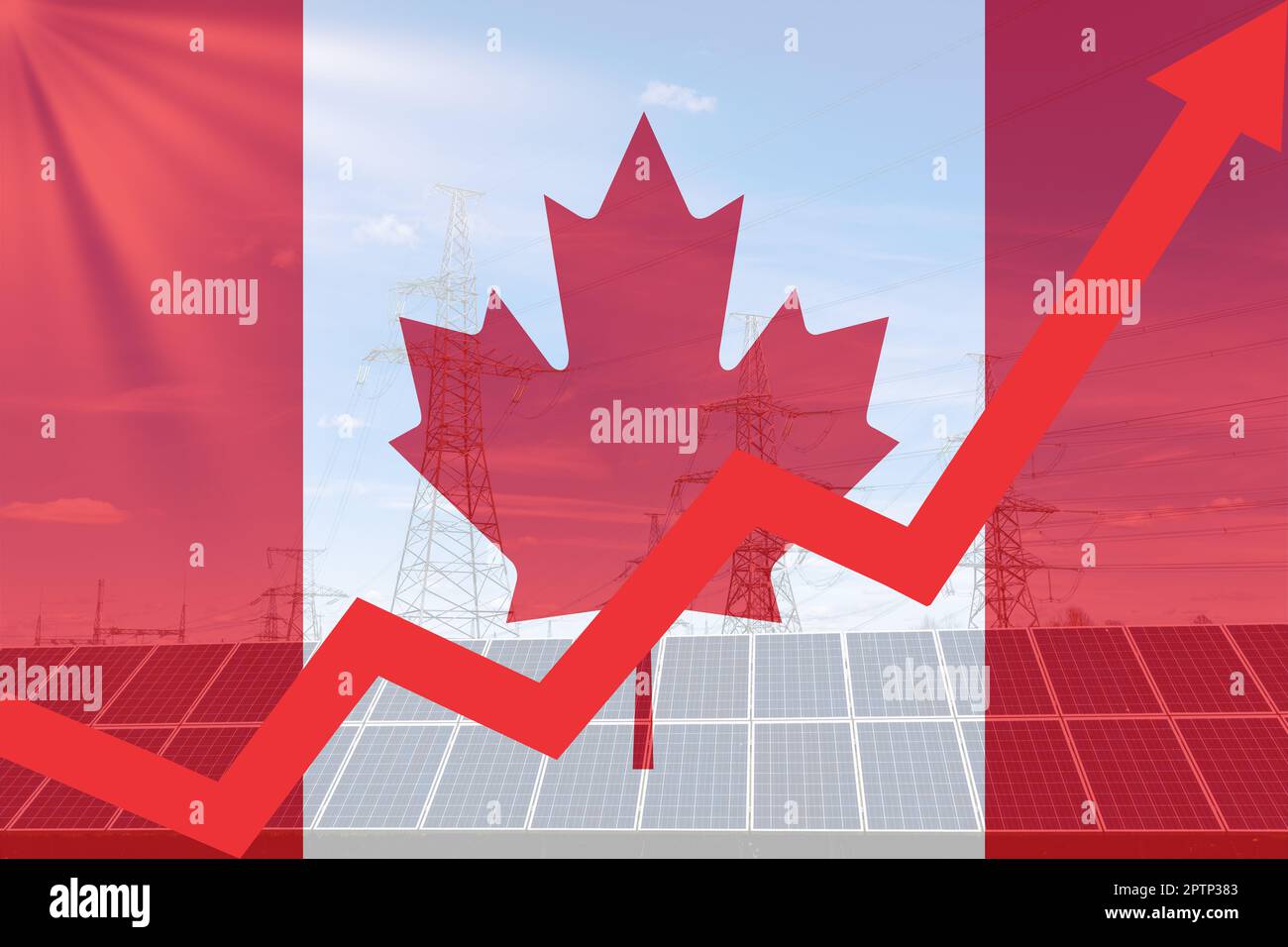 Rising arrow against Canada flag with electric towers and solar panels ...