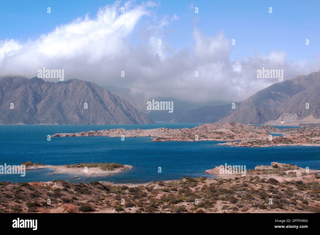 Elevated view of the shores of the lake Potrerillos, in Mendoza ...