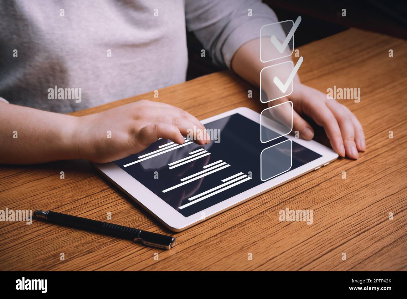 Woman use tablet marking check boxes. Successful completion of business ...