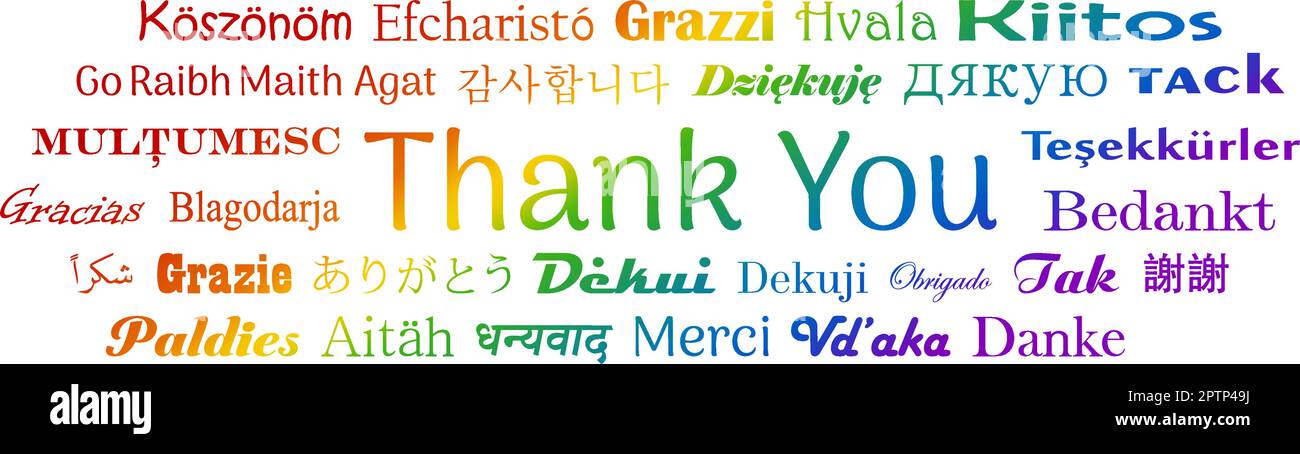 Thank you in Worldwide languages. Vector lettering. Six Rainbow colors ...