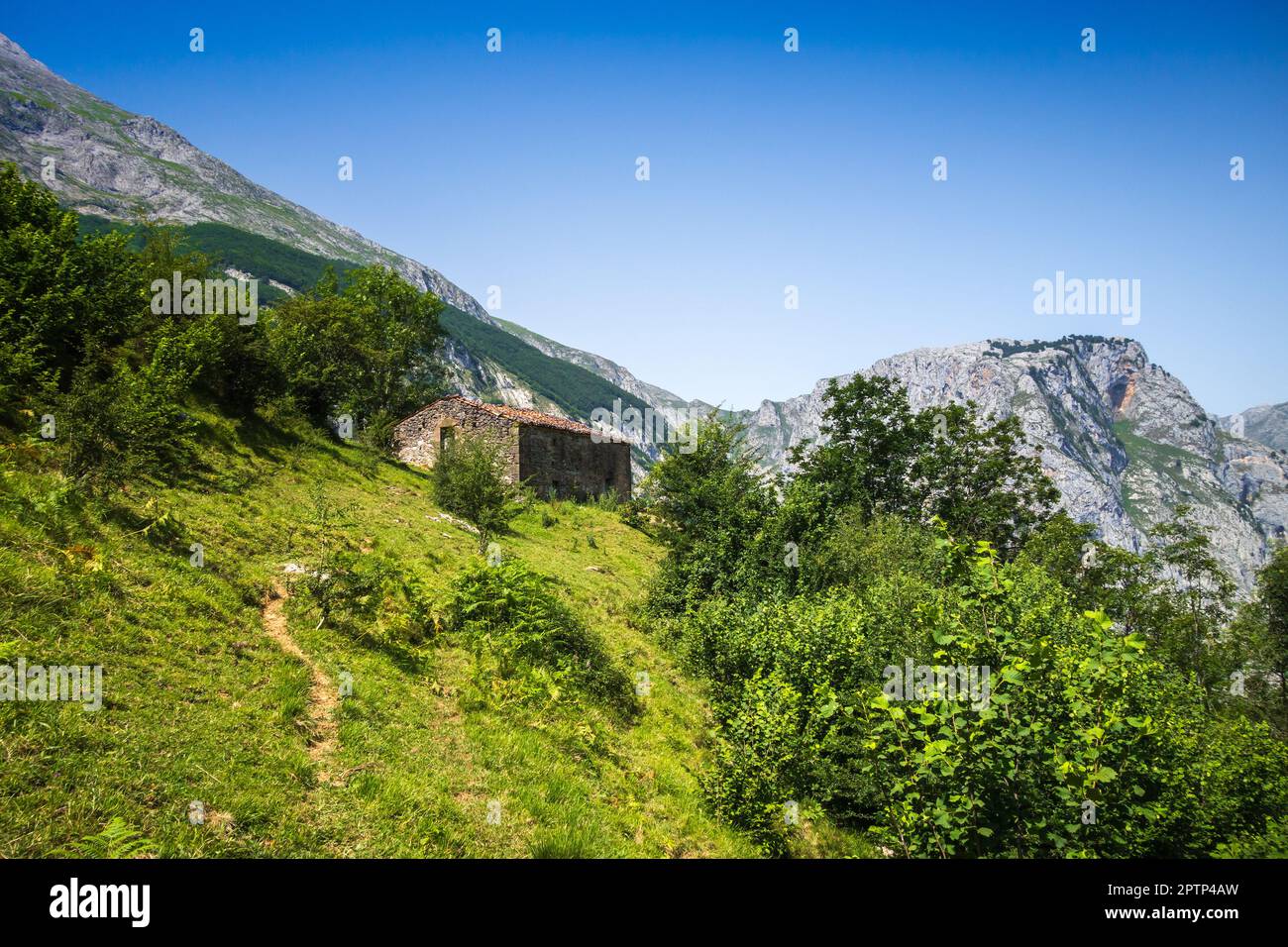 Mountain landscape and sheepfold around Bulnes village, Picos de Europa ...