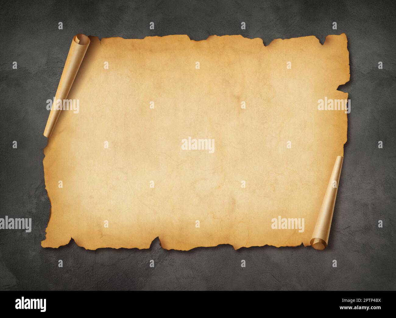 Old mediaeval paper sheet. Horizontal parchment scroll on a concrete ...