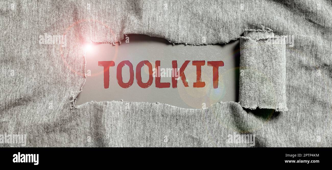 Text caption presenting Toolkit, Internet Concept set of tools kept in ...