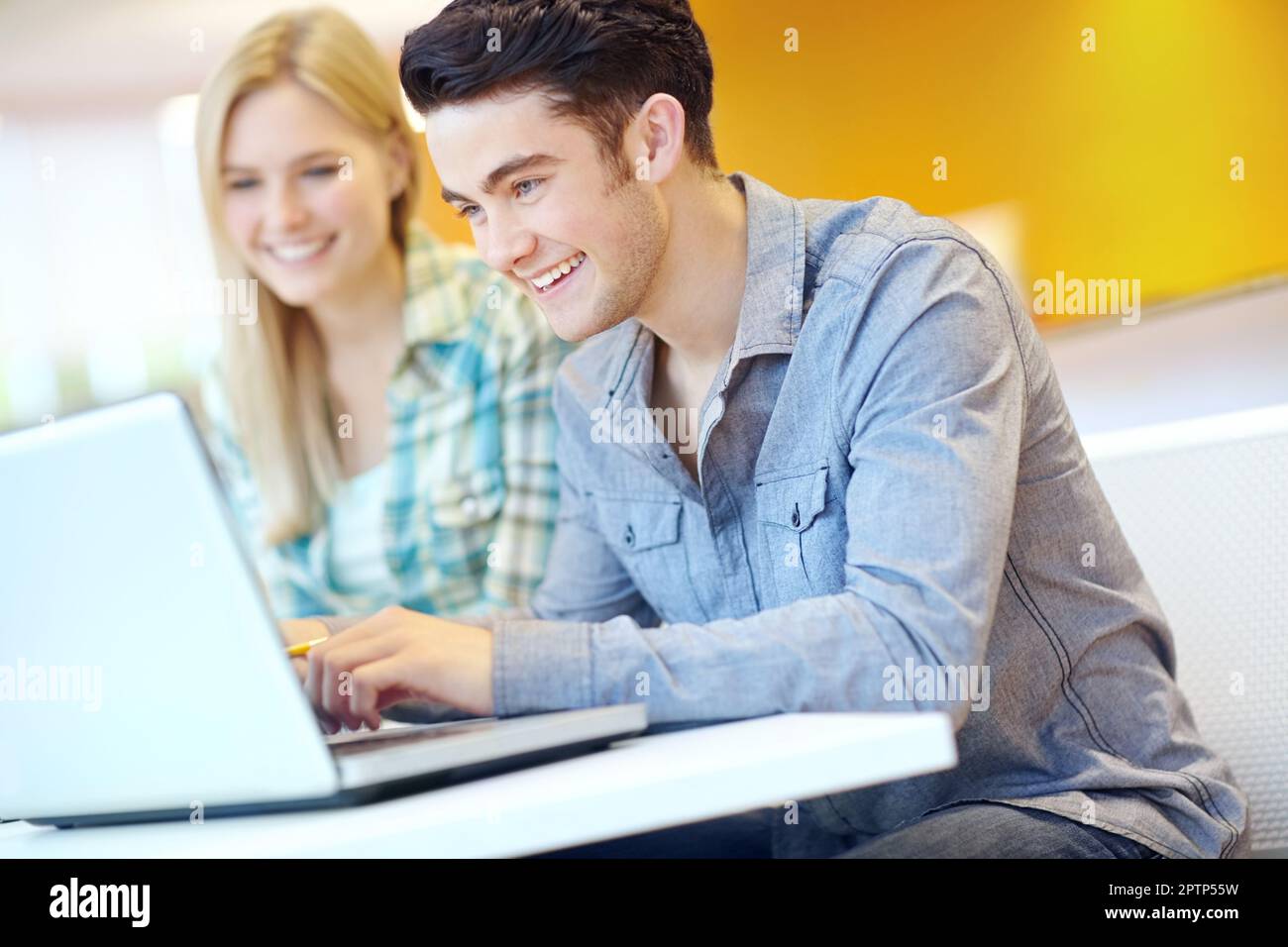 Study buddies. Two smiling students helping each other with their ...