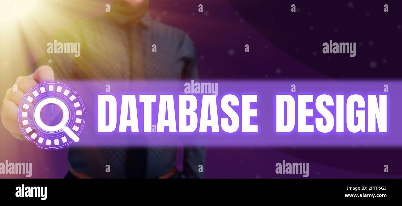 Text caption presenting Database Design, Business overview organisation of data according to a ...