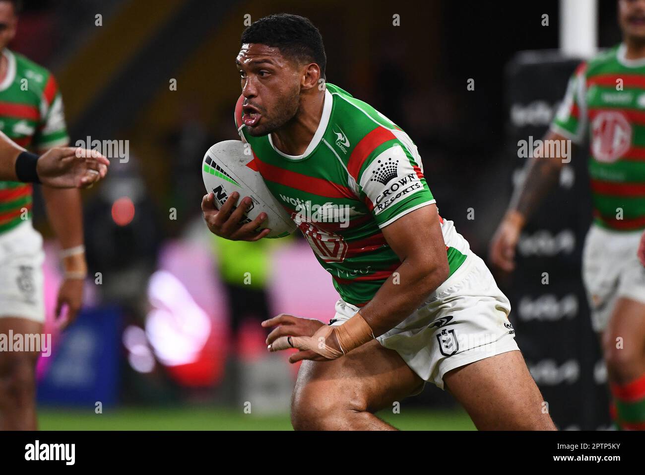 Taane Milne of the Rabbitohs makes a run during the NRL Round 9 match ...