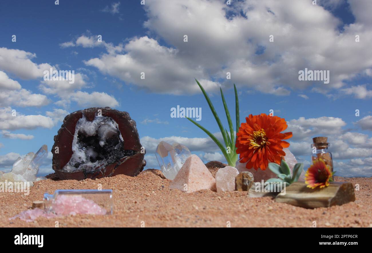 Chakra Stones and Aloe Plant on Australian Red Sand. Meditation Altar ...