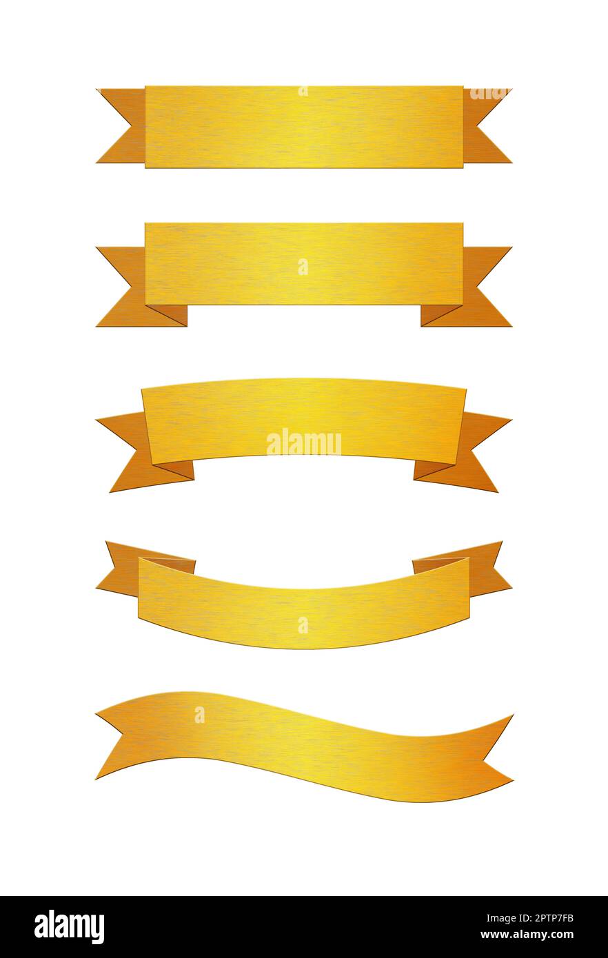 Set of five brushed shiny gold metal ribbon banners isolated on white ...