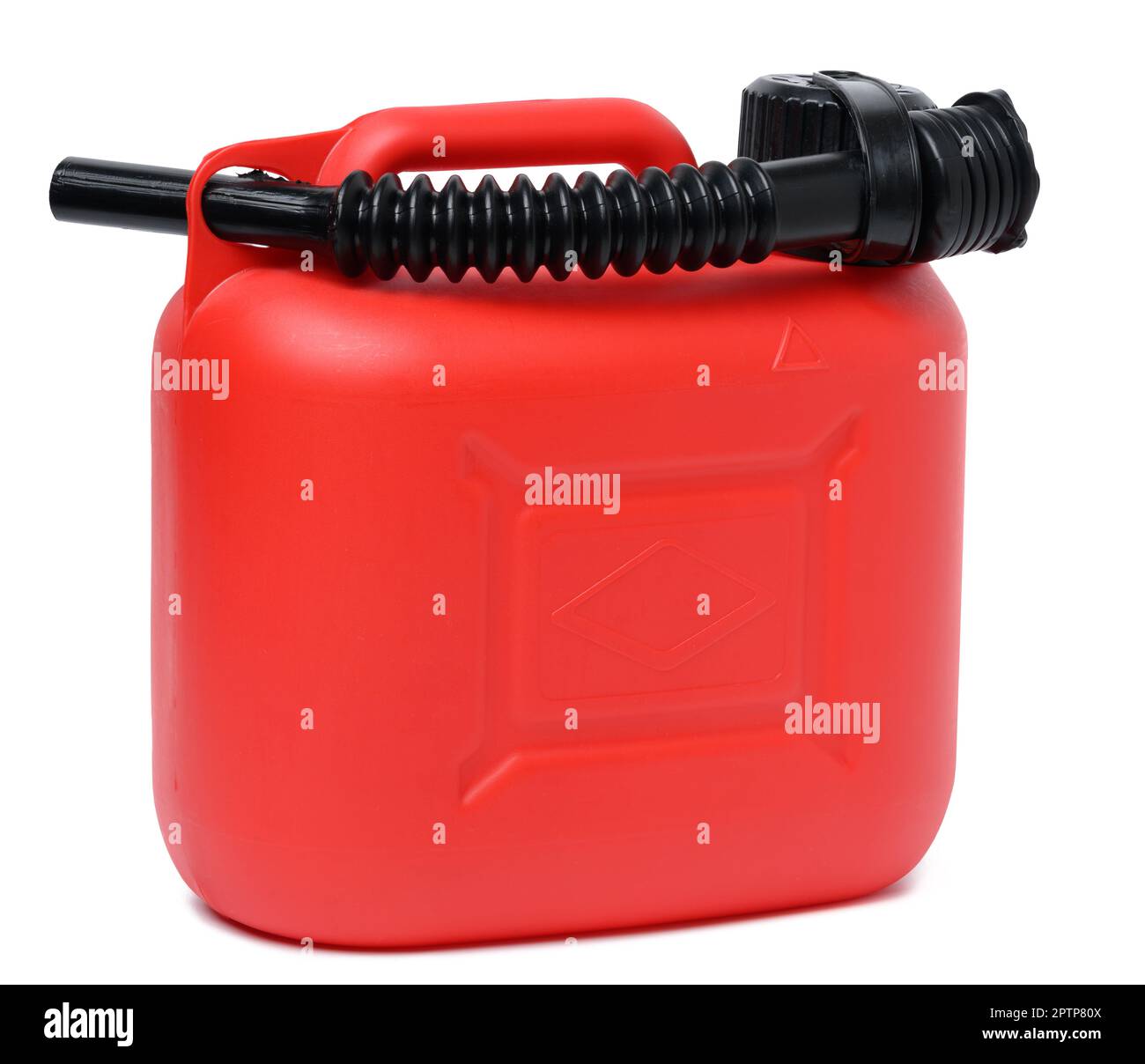Red plastic canister for liquid fuels and lubricants on a white ...