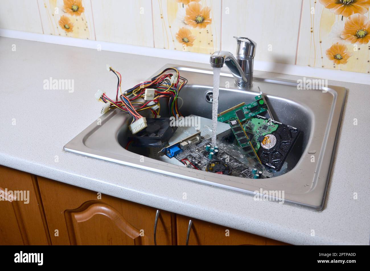 Personal computer cleaning metaphoric concept. Hardware in kitchen sink ...