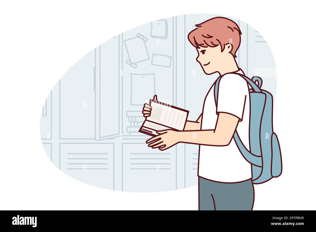 Teenager guy with book and backpack behind back stands near lockers in ...