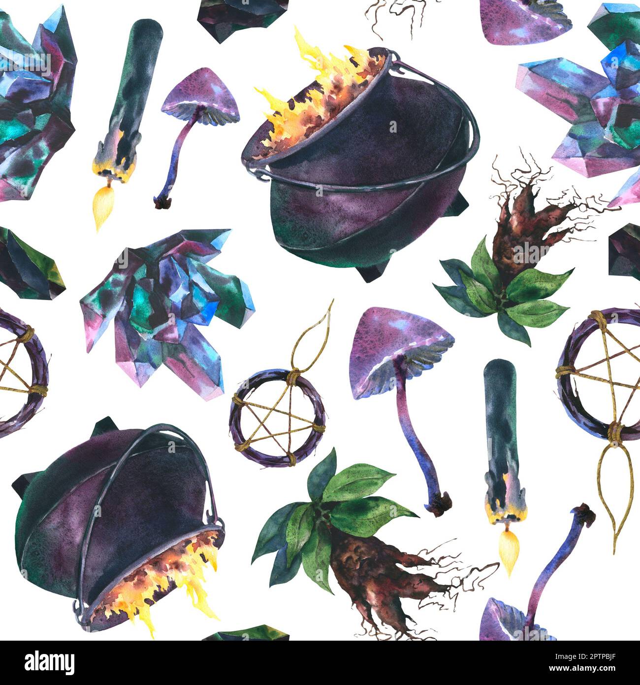 Witchcraft and wizardry objects seamless pattern on white watercolor ...