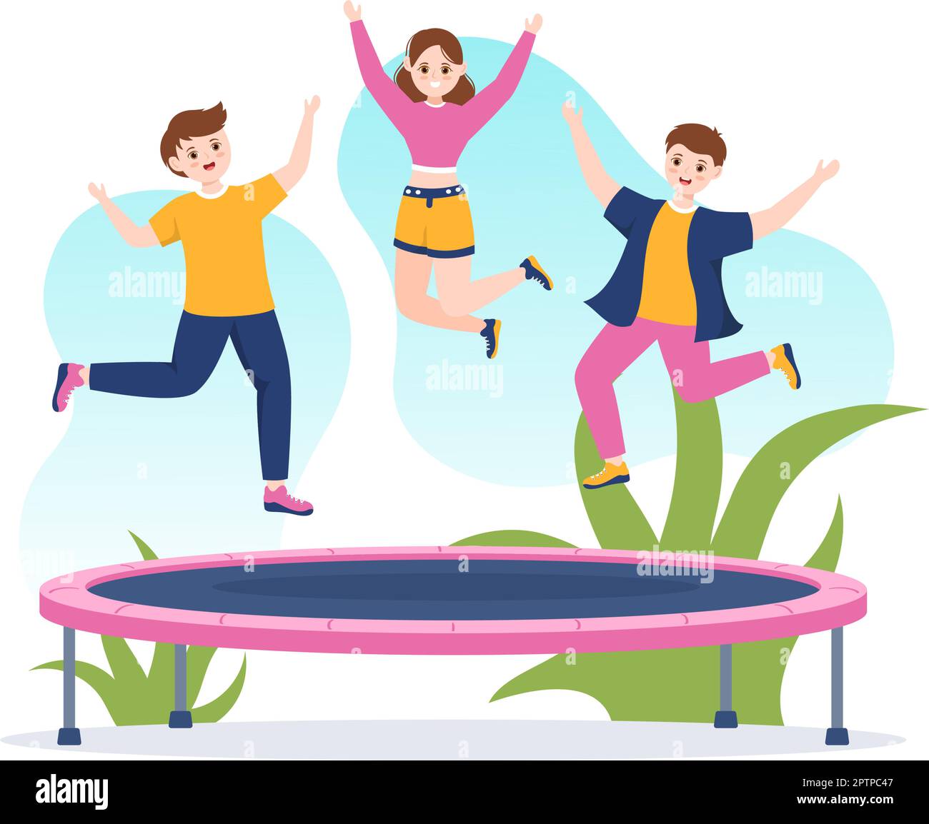 Trampoline Illustration with Youth Jumping On a Trampolines in Hand ...