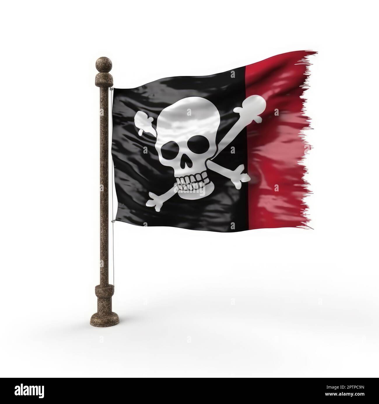 Pirate flag with a skull and crossbones on a flagpole over white ...