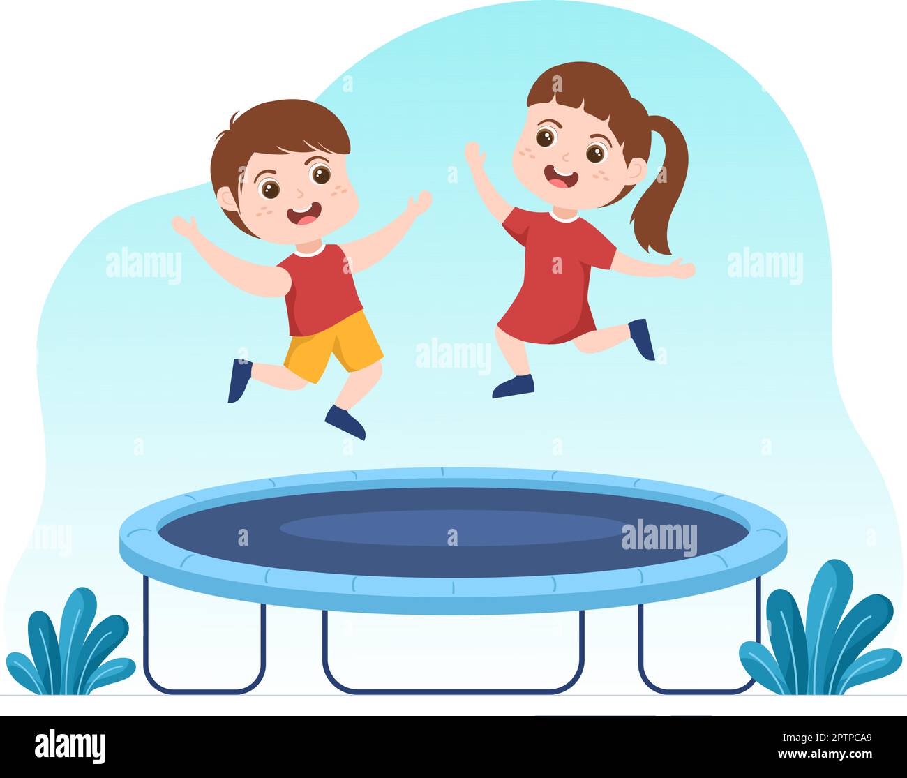 Trampoline Illustration with Little Kids Jumping On a Trampolines in ...