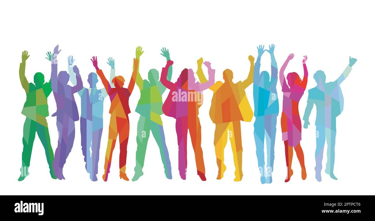 a group of people cheer and rejoice, isolated on white background ...