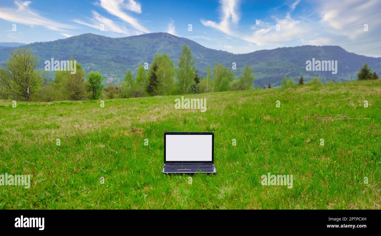 Green field and laptop lit by the mountains and blue sky. Open fresh ...