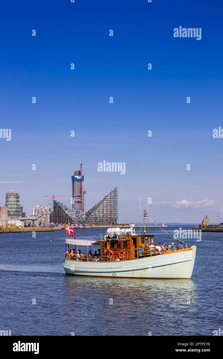 Boat taking tourists on a tour in the harbor of Aarhus, Denmark Stock ...