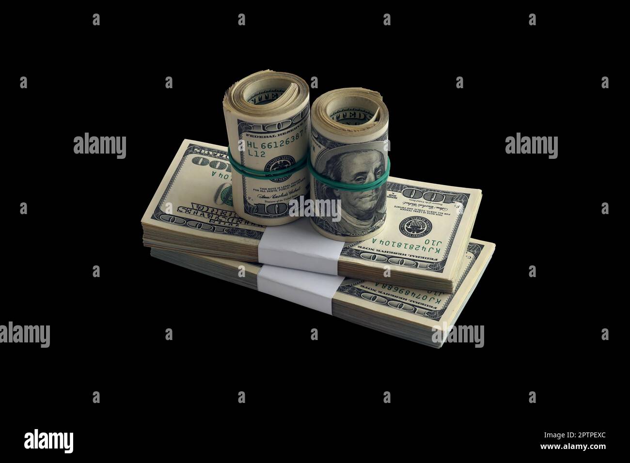 Bundle of US dollar bills isolated on black. Pack of american money ...