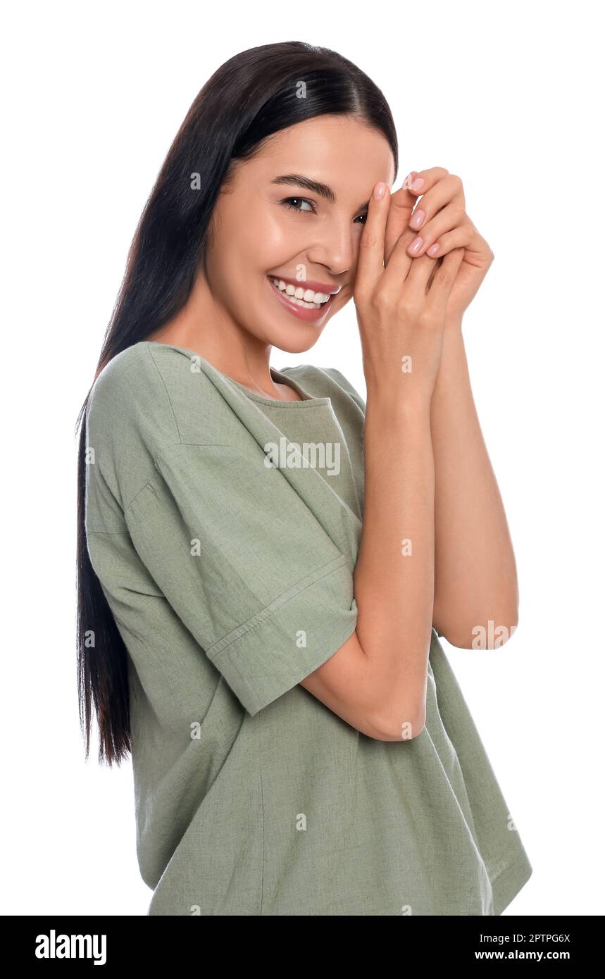 Embarrassed young woman in shirt on white background Stock Photo - Alamy