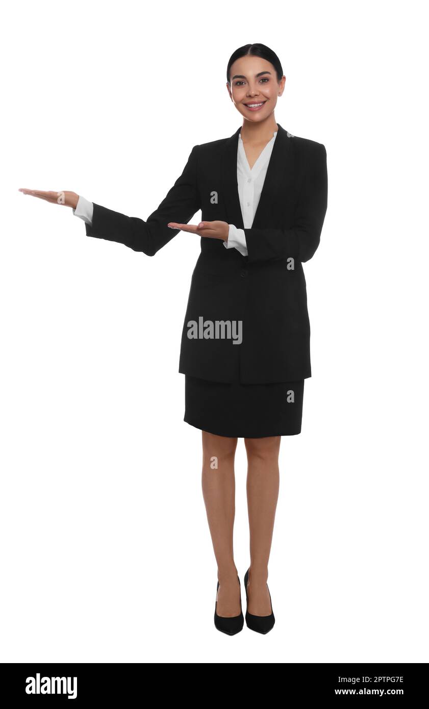 Full length portrait of hostess in uniform on white background Stock ...