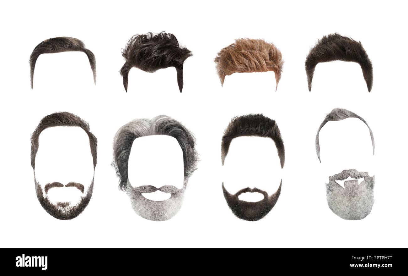 Fashionable men's hairstyles and beards isolated on white, collage ...