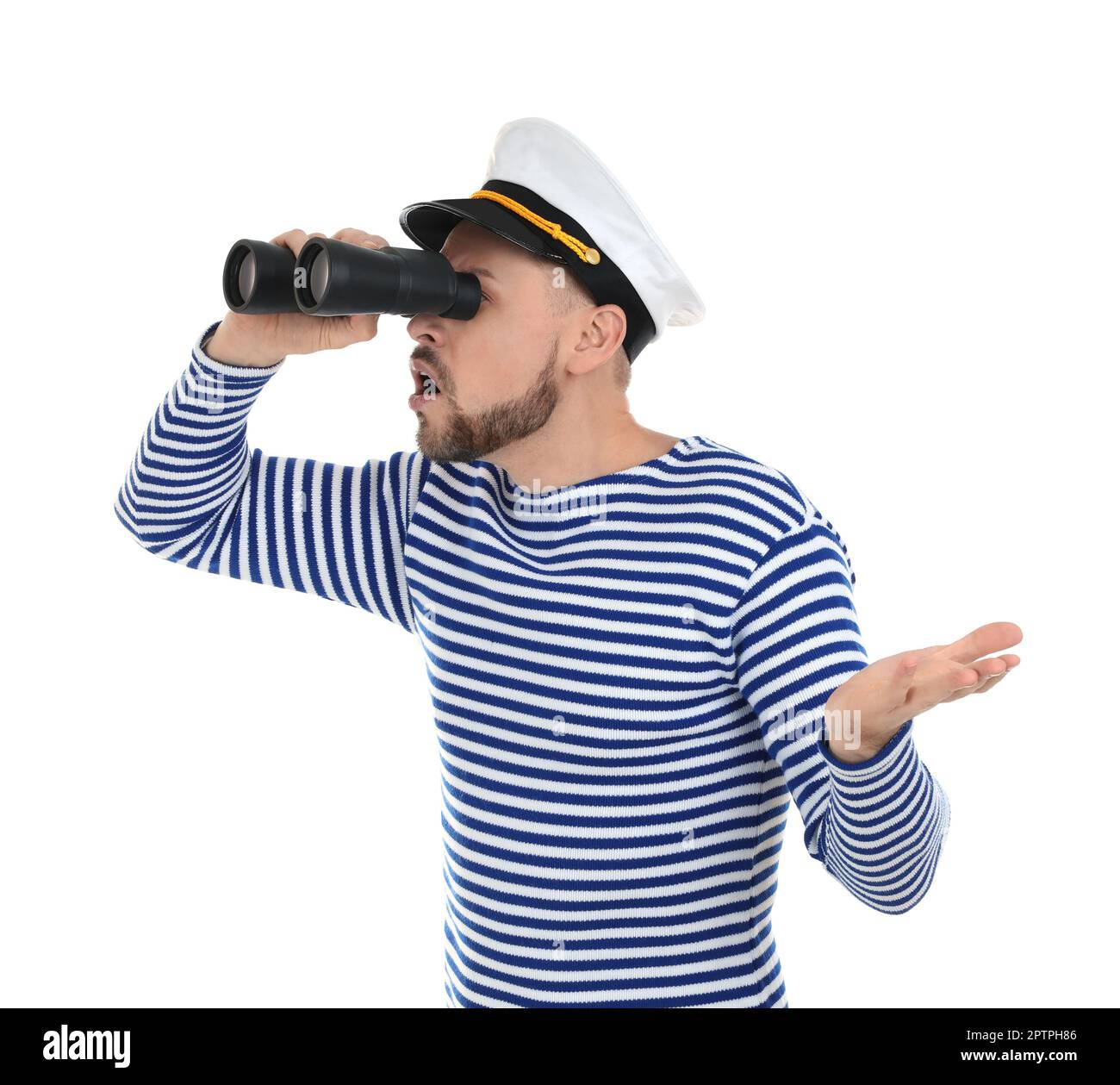 Sailor looking through binoculars on white background Stock Photo - Alamy