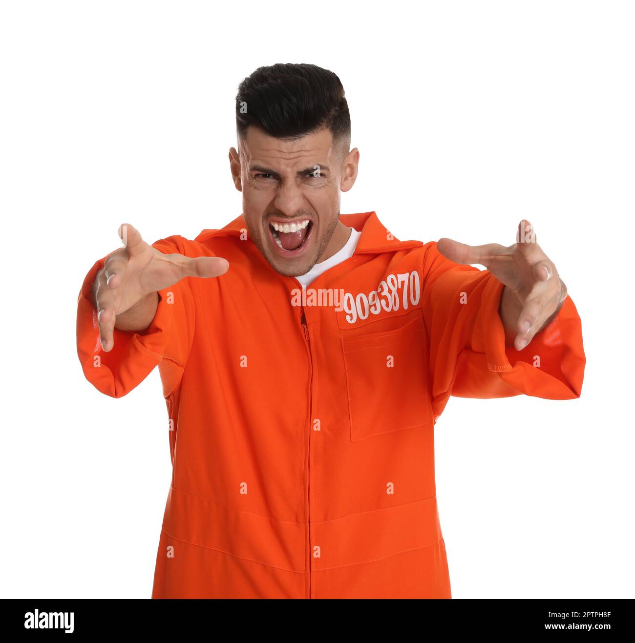 Emotional prisoner in orange jumpsuit on white background Stock Photo ...