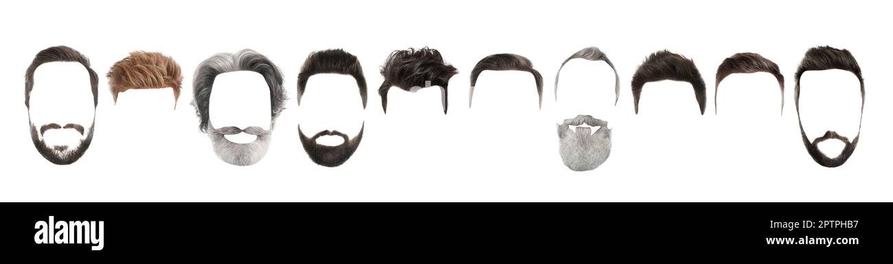 Fashionable men's hairstyles and beards isolated on white, collage ...
