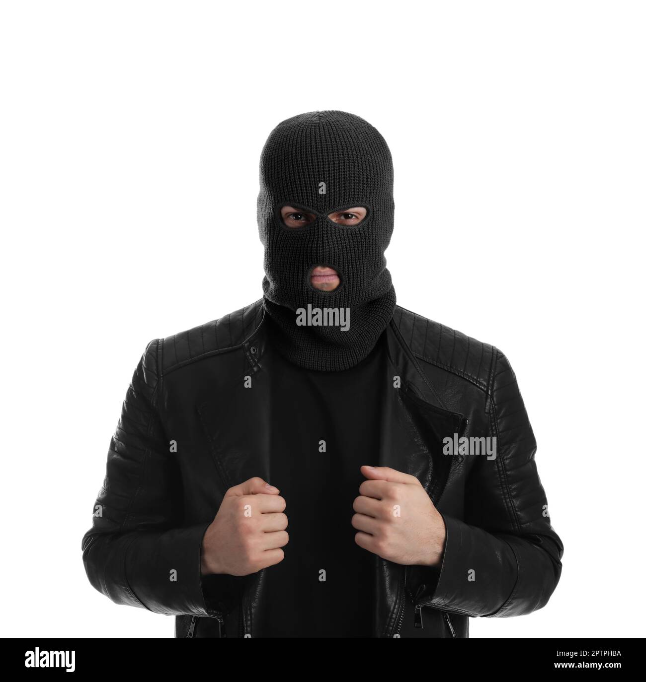 Man wearing knitted balaclava on white background Stock Photo - Alamy