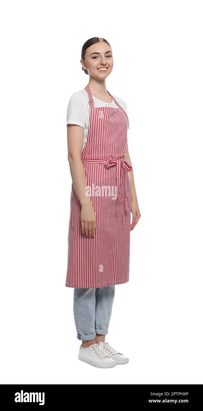 Beautiful young woman in clean striped apron on white background Stock ...