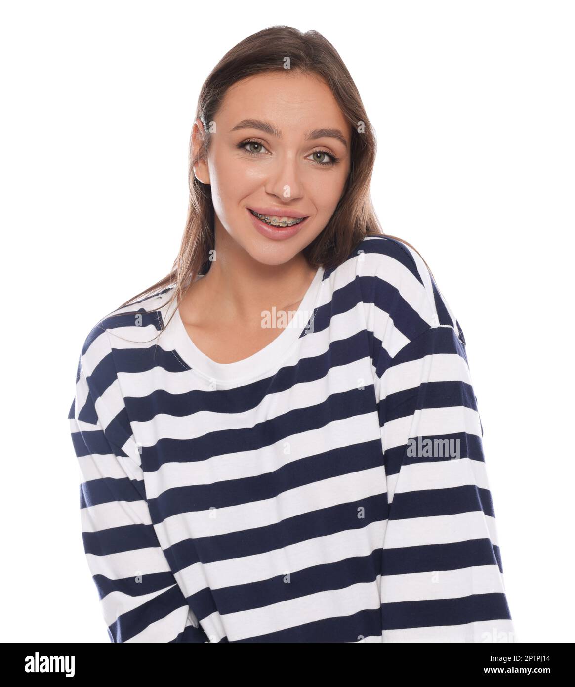 Embarrassed woman in shirt on white background Stock Photo - Alamy