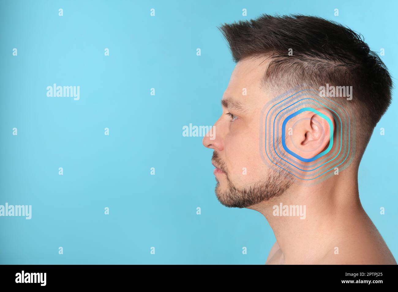 Hearing loss concept. Man and sound waves illustration on light blue ...