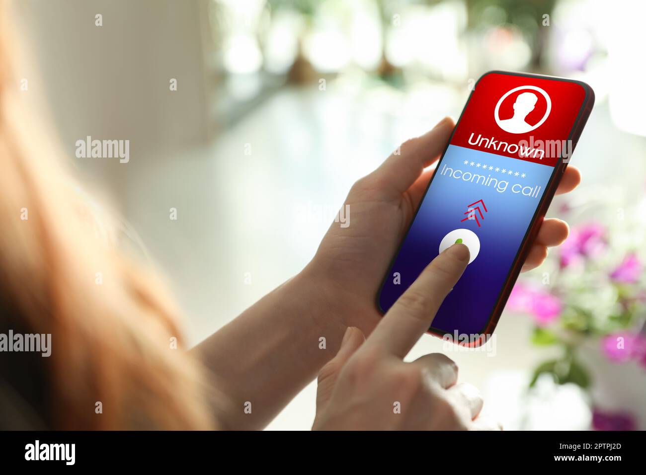 Woman declining incoming call from unknown caller against blurred ...