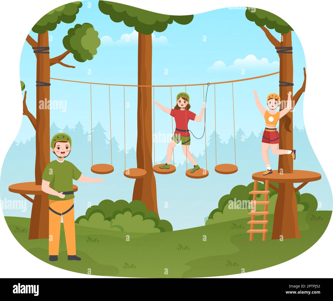 Zip Line Illustration with Visitors Walking on an Obstacle Course and ...