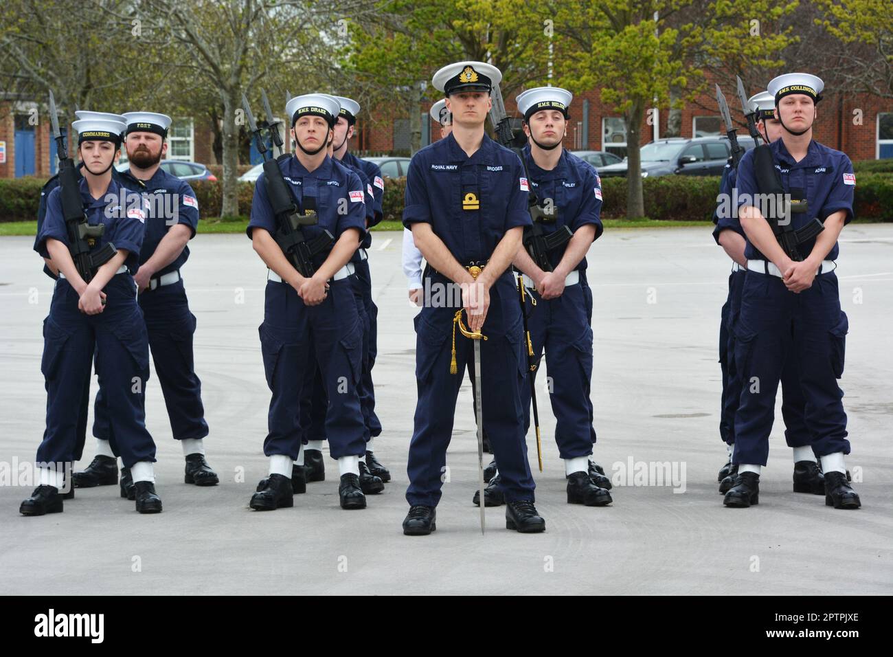 Royal Navy personnel rehearse at HMS Excellent in Portsmouth for the ...