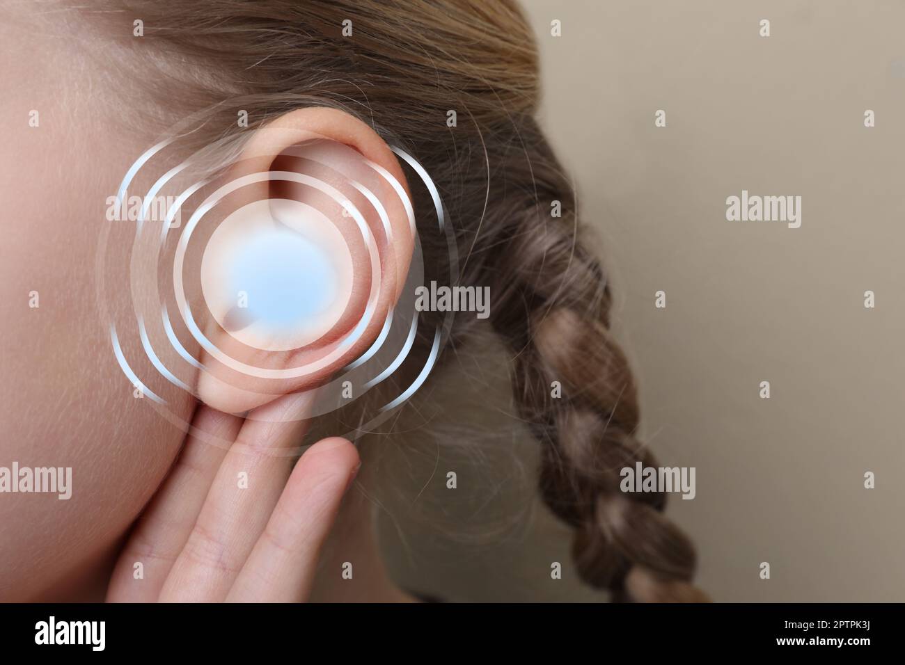 Hearing loss concept. Little girl and sound waves illustration on beige ...