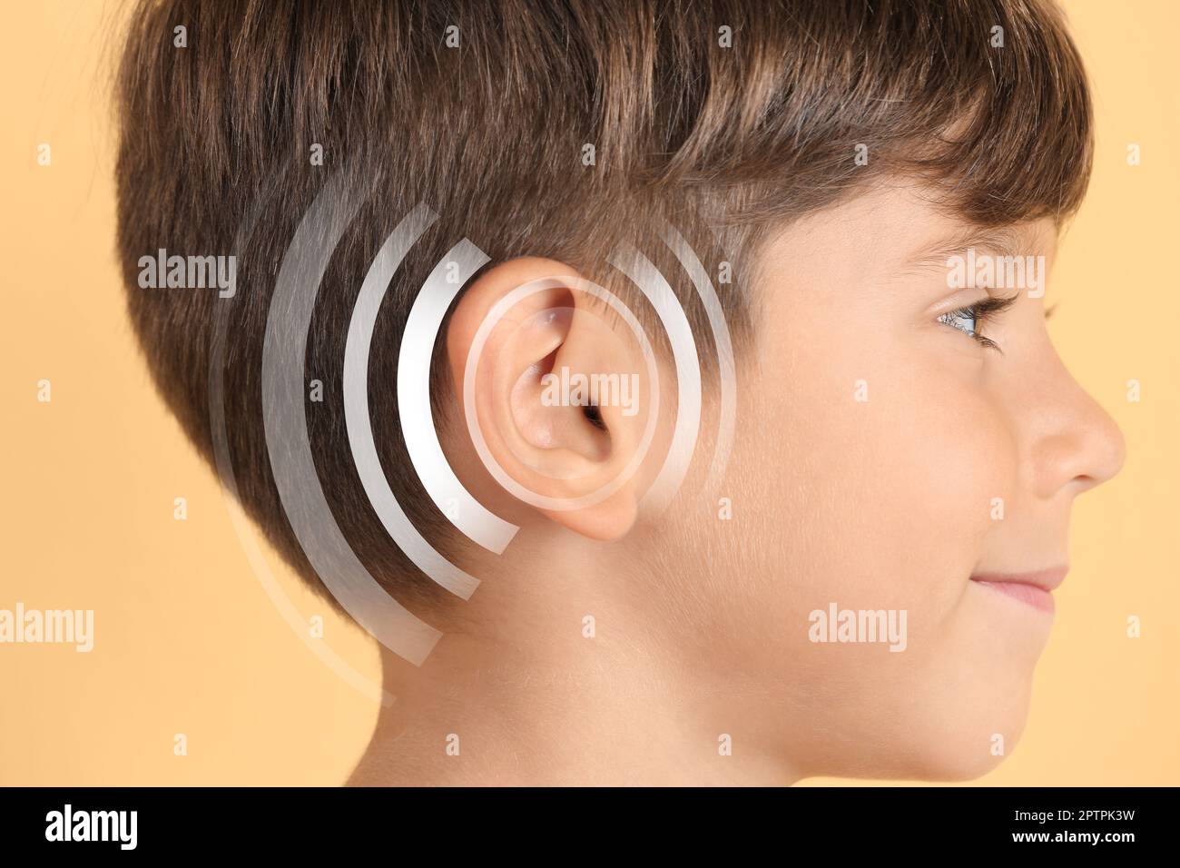 Hearing loss concept. Little boy and sound waves illustration on yellow ...