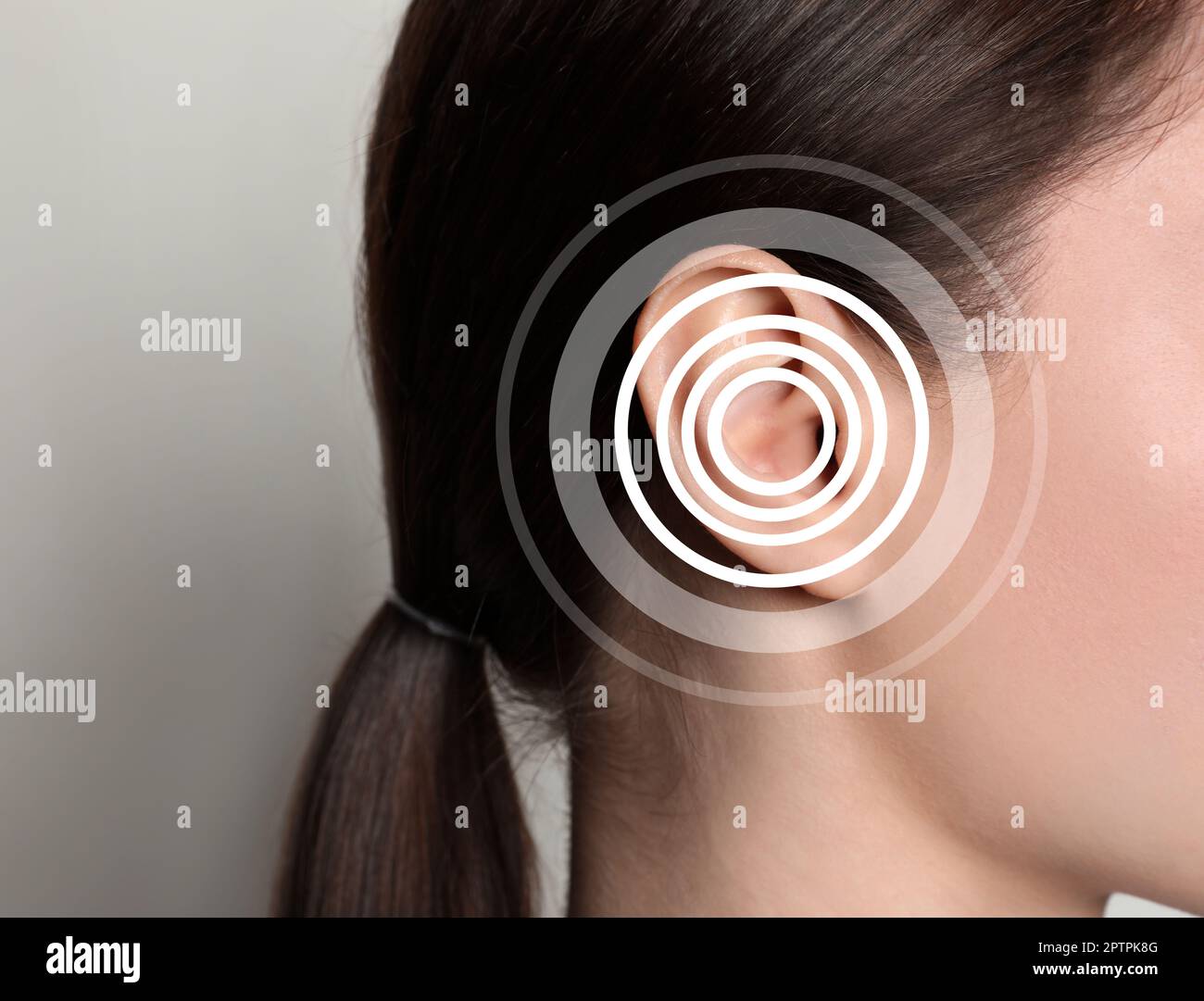 Hearing loss concept. Woman and sound waves illustration on light ...